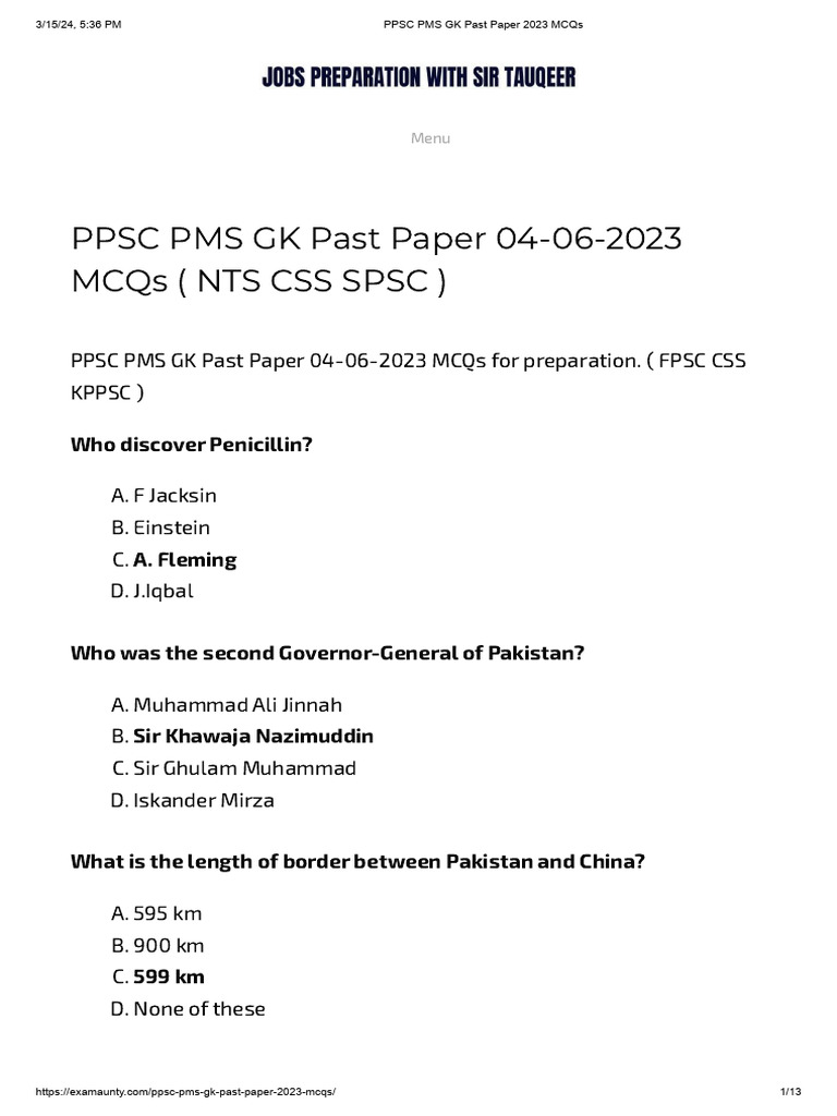 PPSC PMS GK Past Paper 2023 MCQs | PDF | Pakistan | Zulfikar Ali Bhutto