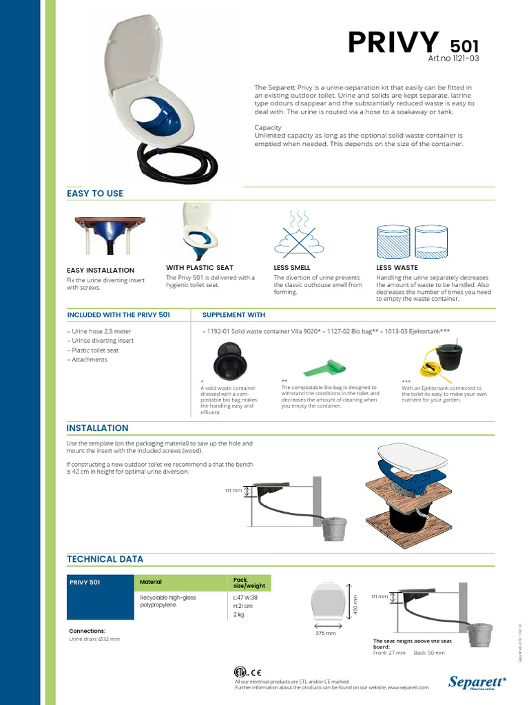 Separett Privy 501 Urine-Separation Kit | PDF | Toilet | Waste Management