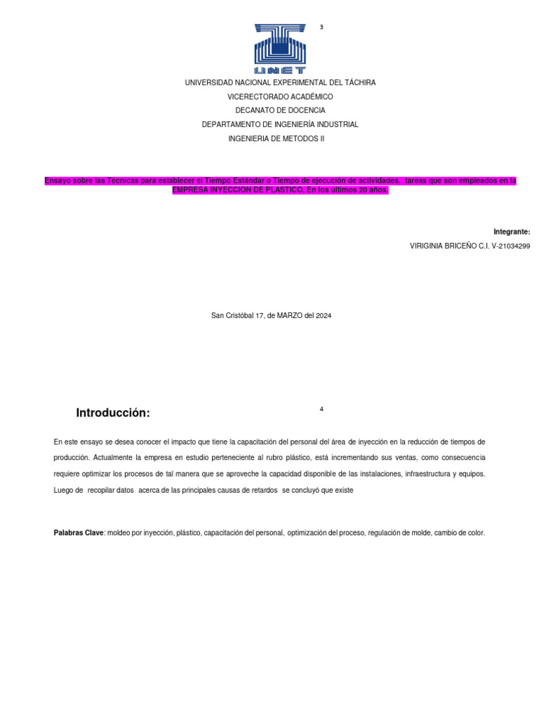Medicion De Tiempos Inyeccion De Plastico Virginia Briceño Pdf El