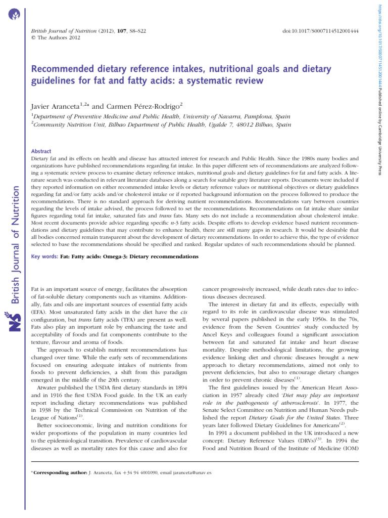 Recommended Dietary Reference Intakes Nutritional Goals and Dietary ...
