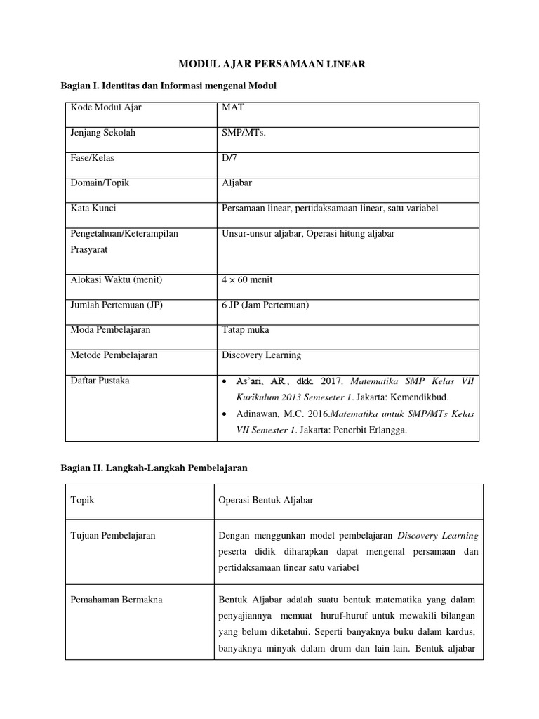 Modul Ajar Persamaan Linear Satu Variabel | PDF