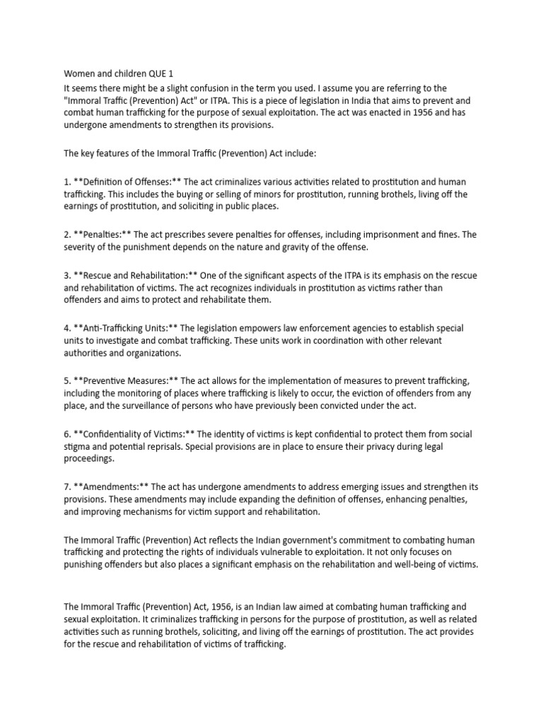 Immoral Traffic Prevention Act Overview | PDF | Human Trafficking ...
