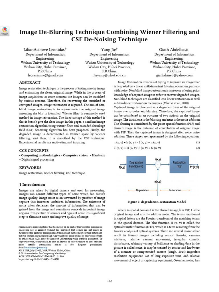 Image De-Blurring Technique Combining Wiener Filtering and CSF ... Image De-Blurring Technique Combining Wiener Filtering and CSF ...