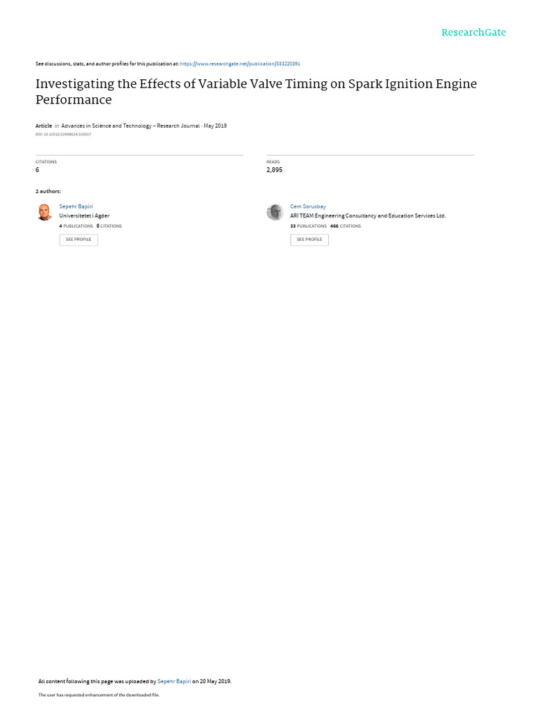 Investigating The Effects of Variable Valve Timing On Spark Ignition Engine Performance | PDF ...