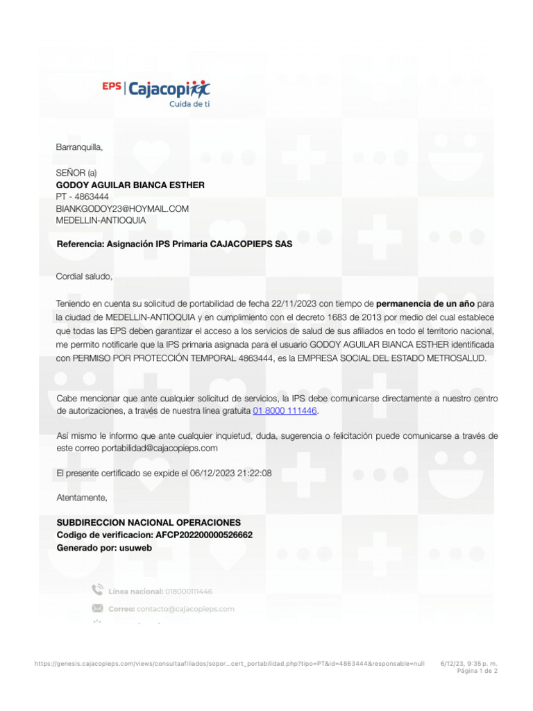 Certificado de Portabilidad Bianca | PDF