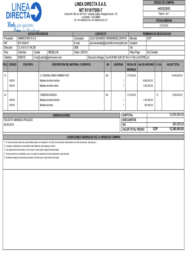 Pedido de Compra Línea Directa 2018 | PDF