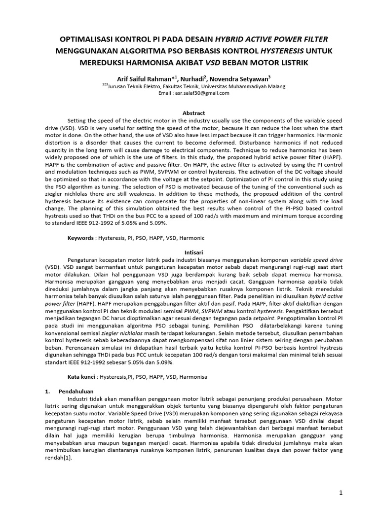 Optimalisasi Kontrol PI PSO Mereduksi Harmonisa Arus Akibat VSD Beban Motor Listrik | PDF ...