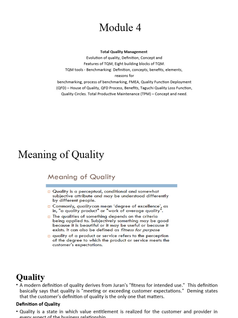 TOS Module 4 - Total Quality Management | PDF | Benchmarking | Quality (Business)