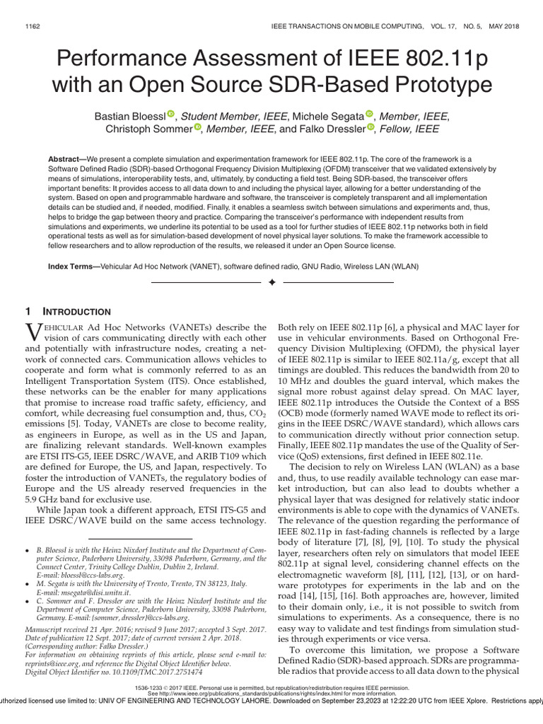 Performance Assessment of IEEEnbsp802.11p With An Open Source SDR-Based Prototype | PDF ...
