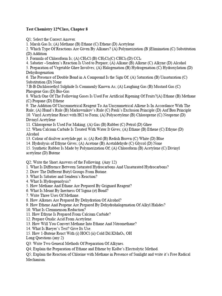 Test Chemistry 12th,Chapter8 | PDF | Alkene | Ethylene