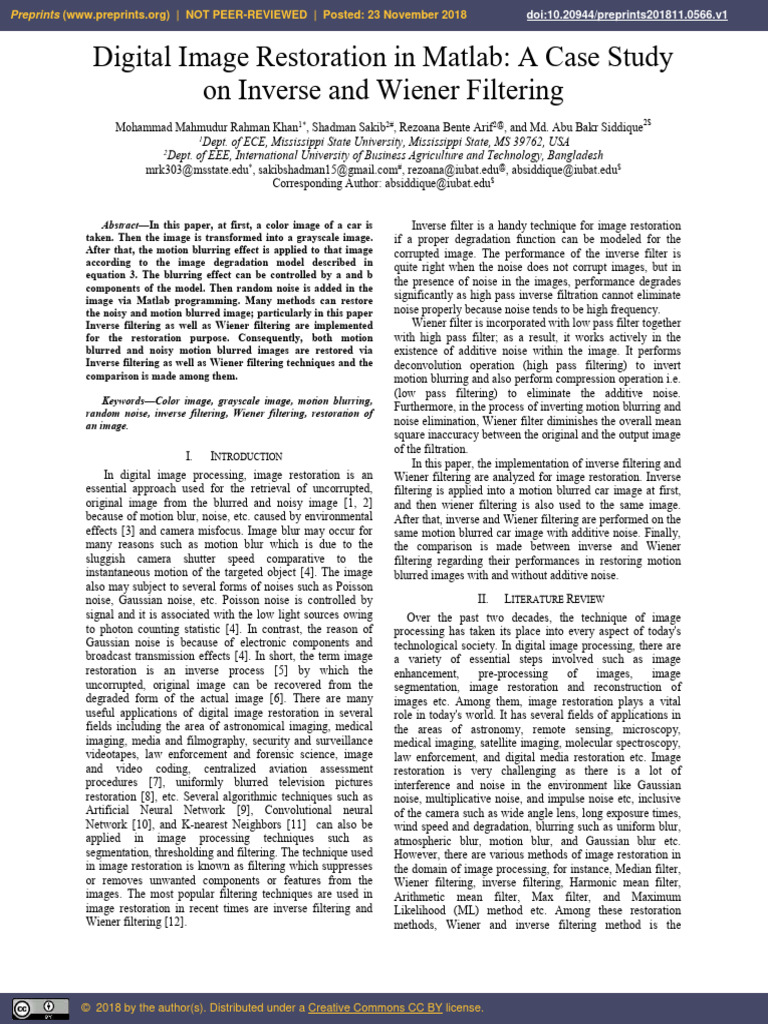 Digital Image Restoration in Matlab A Ca | PDF | Filter (Signal Processing) | Artificial Neural ...
