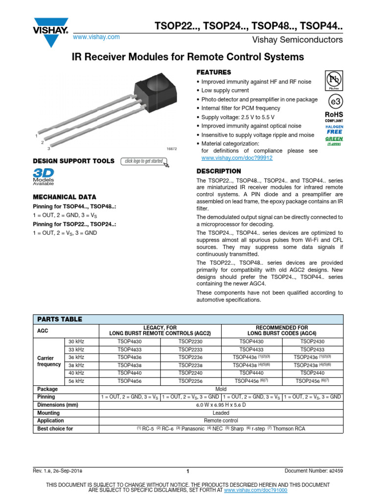 TSOP4838 Datasheet | Download Free PDF | Remote Control | Detector (Radio)