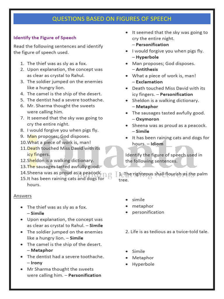 Figures of Speech Quiz and Answers | PDF