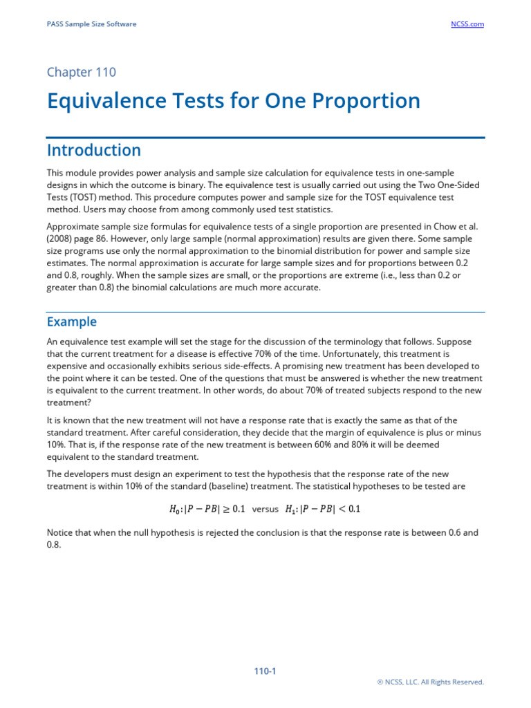 Equivalence Tests For One Proportion | PDF | Sample Size Determination ...