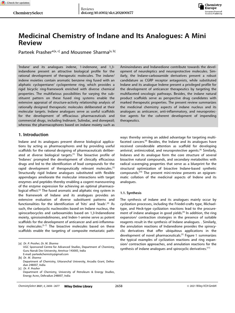 ChemistrySelect - 2021 - Prasher - Medicinal Chemistry of Indane and ...