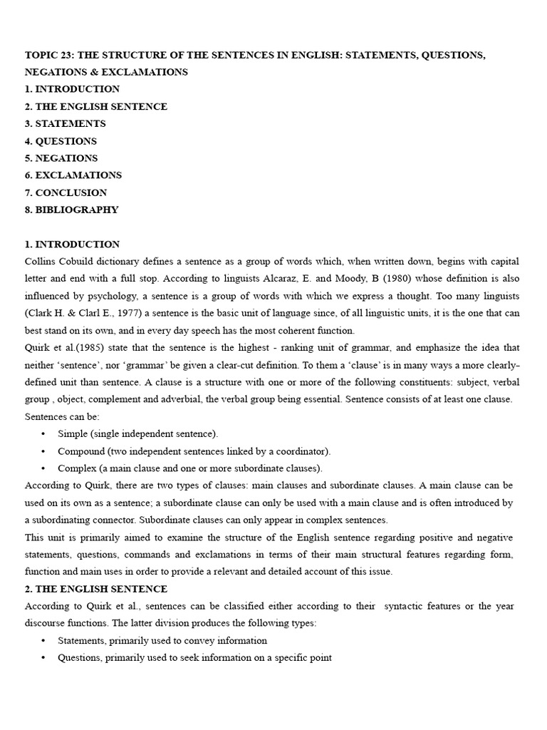 Topic 23 The Structure of The Sentences in English | PDF | Question ...