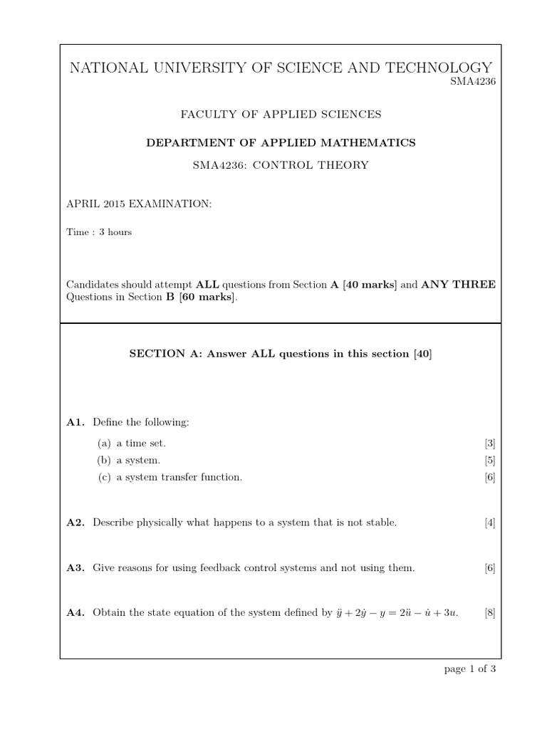 SMA4236, JAN 2014 (Exam.2015) | PDF | Function (Mathematics) | Control Theory