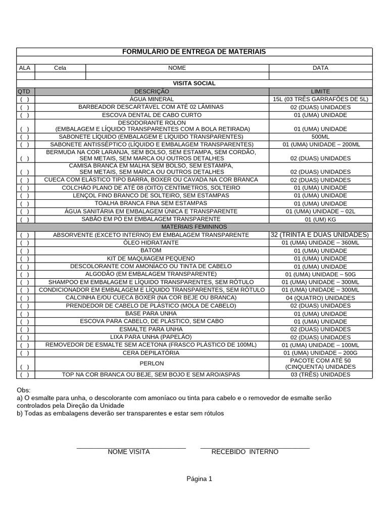 Formulario Entrega Material | Download grátis PDF | Materiais ...