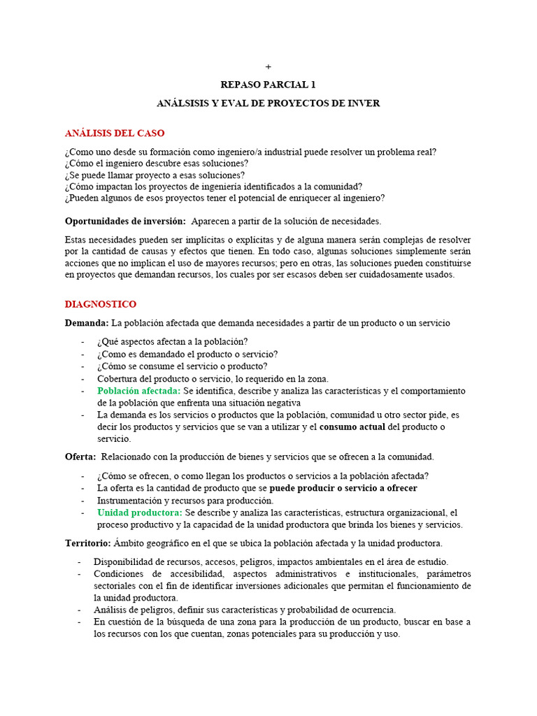 REPASO PARCIAL 1 ANALSISIS Y EVAL DE PROYECTOS DE INV | PDF | Oferta (economía) | Bienes