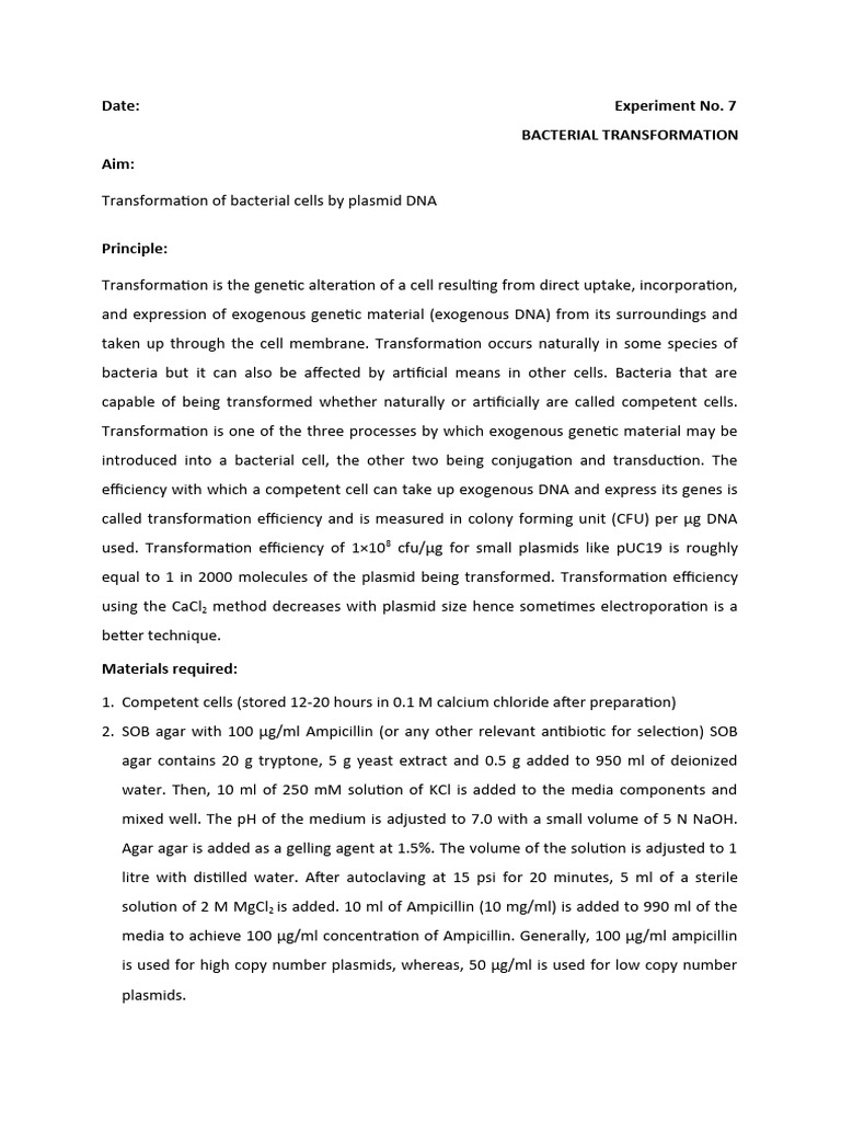 Bacterial Transformation Experiment Guide | PDF | Transformation ...