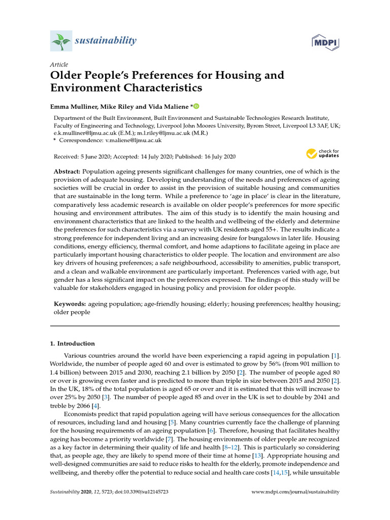 Older People's Preferences For Housing and Environment Characteristics ...