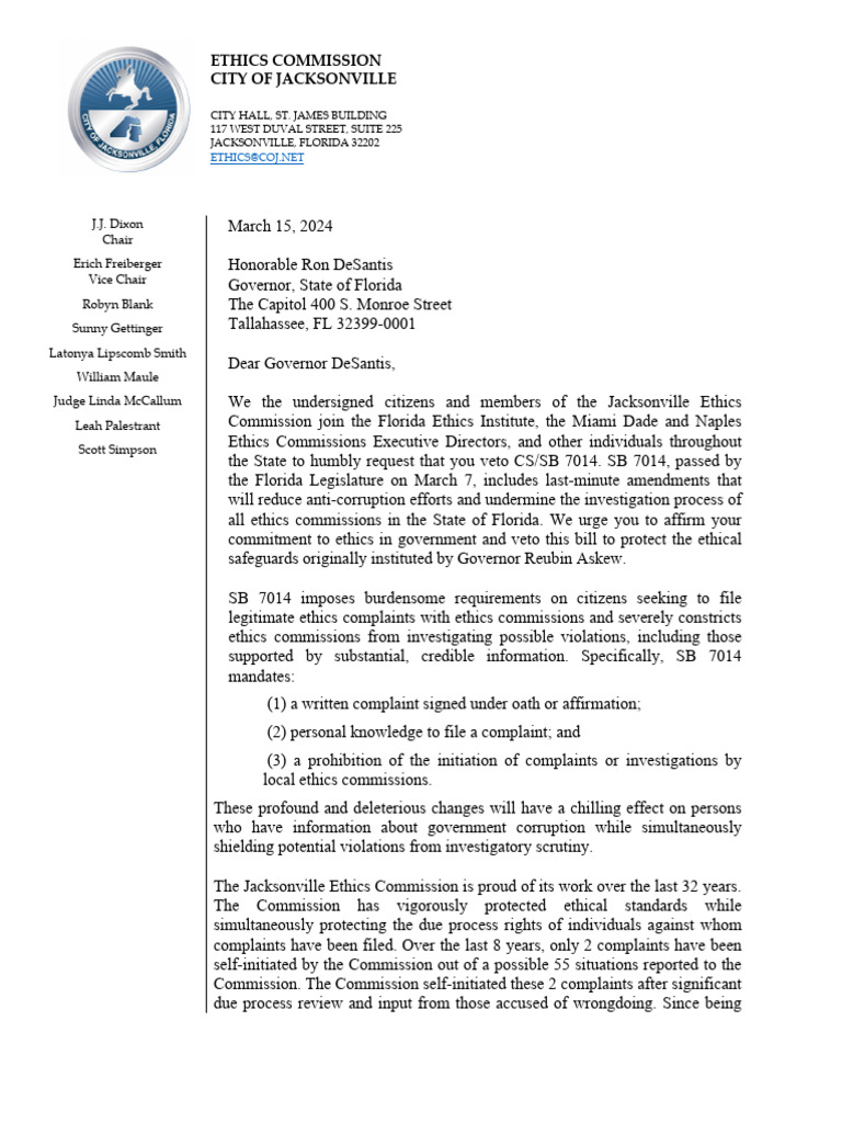 Letter To Governor DeSantis Veto SB 7014 - FINAL | PDF | Government ...