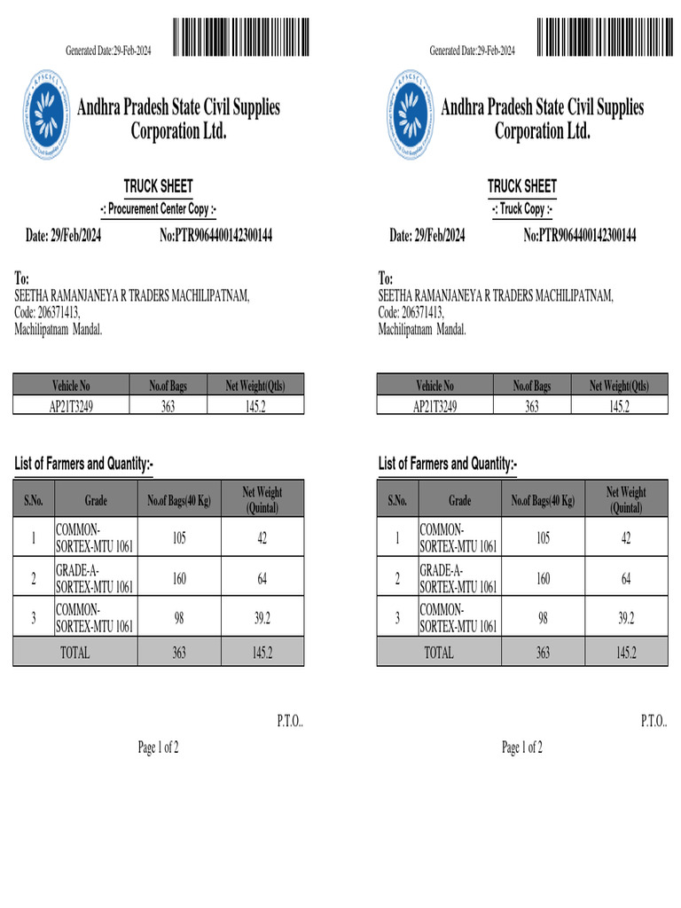 Truck Sheet PDF Servlet | PDF