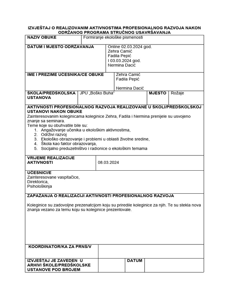 OBRAZAC Izvjestaj o Realizovanim Aktivnostima PR 1 | PDF