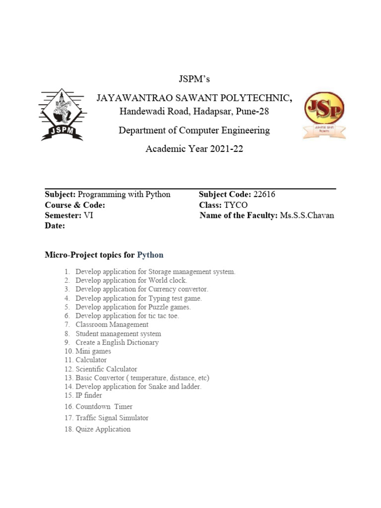 Microproject List For Python Pdf 
