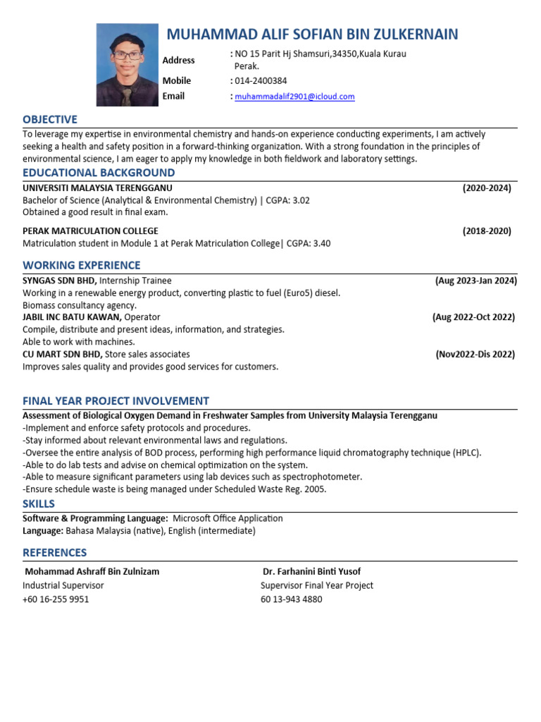 Resume - Muhammad Alif Sofian | PDF | Laboratories | High Performance Liquid Chromatography