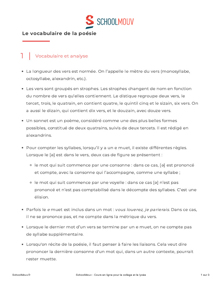 Le Vocabulaire de La Poesie - Fiche de Revision | PDF | Rime dans la ...