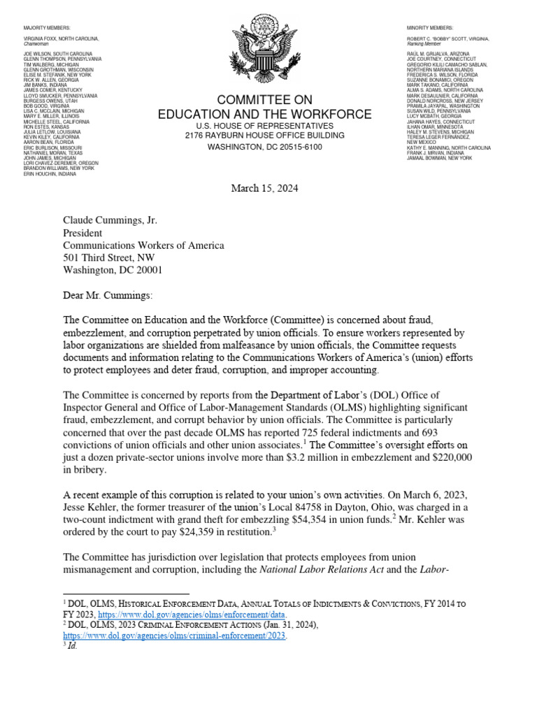 Union Fraud Oversight Request Letter | PDF | Corruption | Policy
