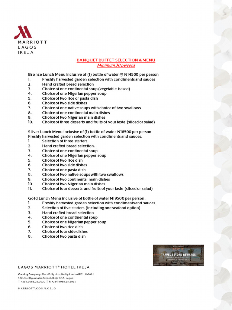 Lagos Marriott Banquet Buffet Menu 2023 | PDF | Salad | Soup