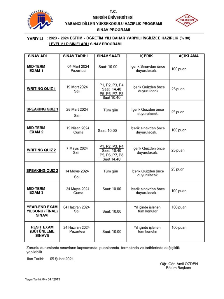 2023-2024 LEVEL 2 - P Snflar BAHAR SINAV PROGRAMI | PDF