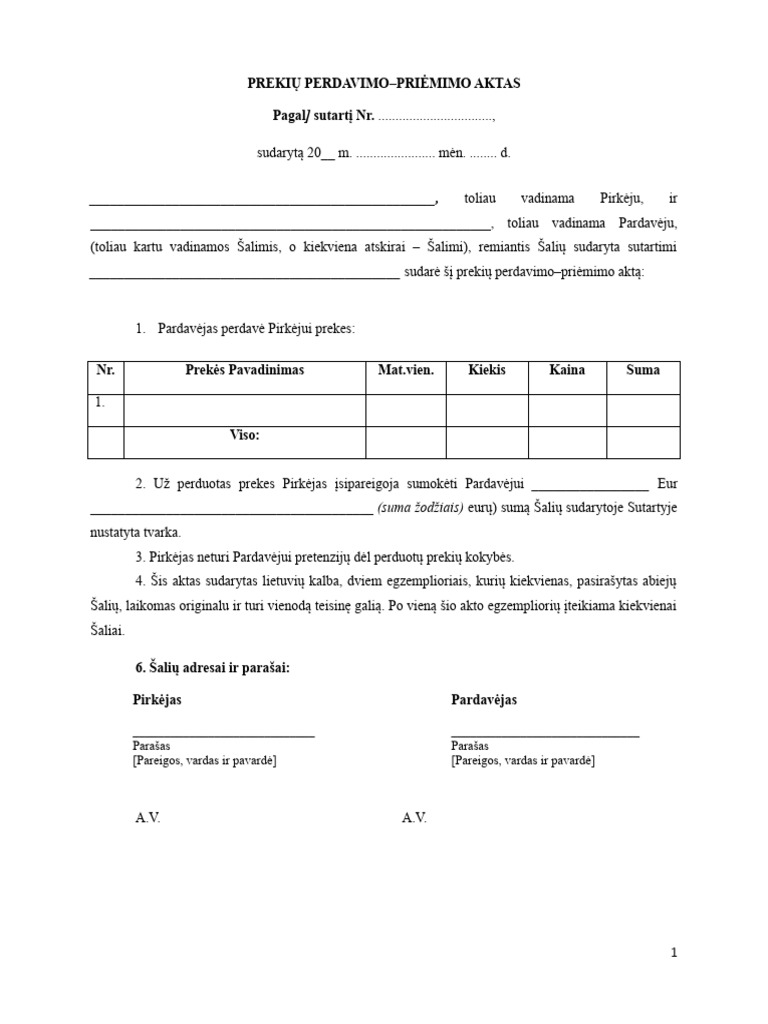 Prekiu perdavimo-priemimo aktas | PDF