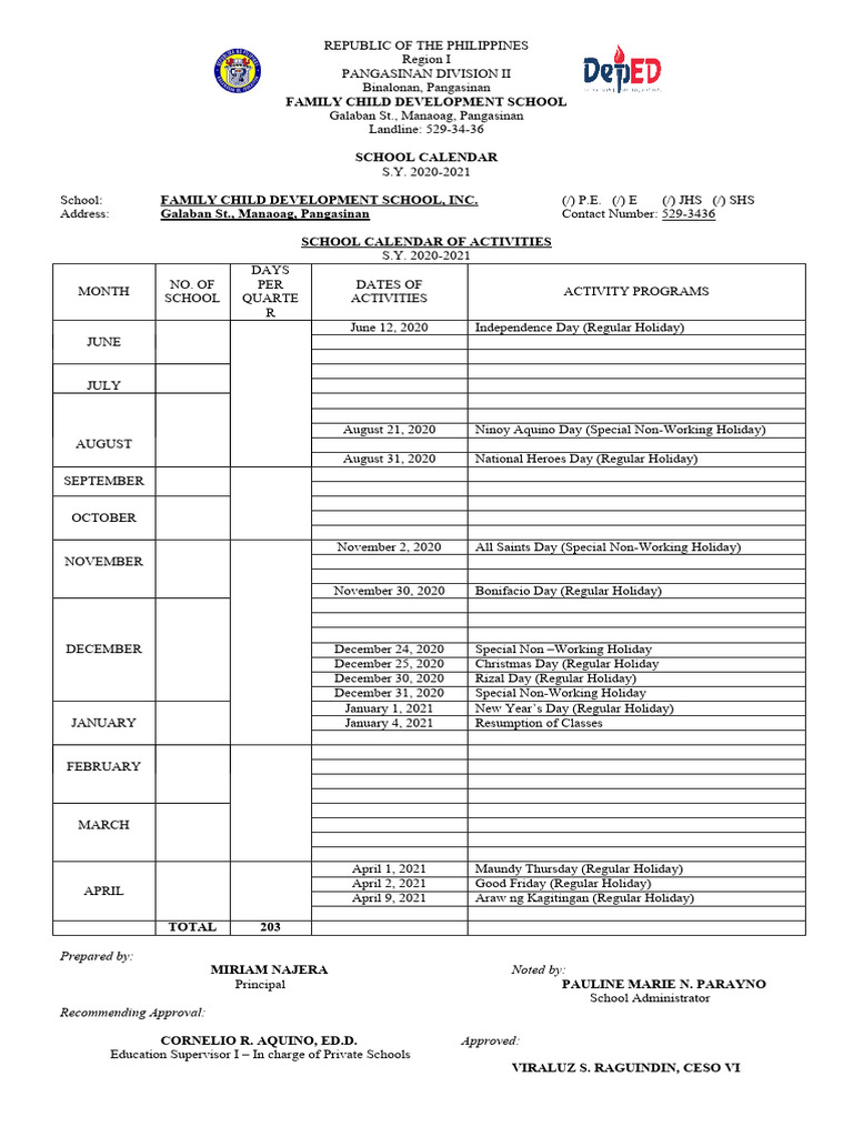 School Calendar of Activities 2020-2021 | PDF