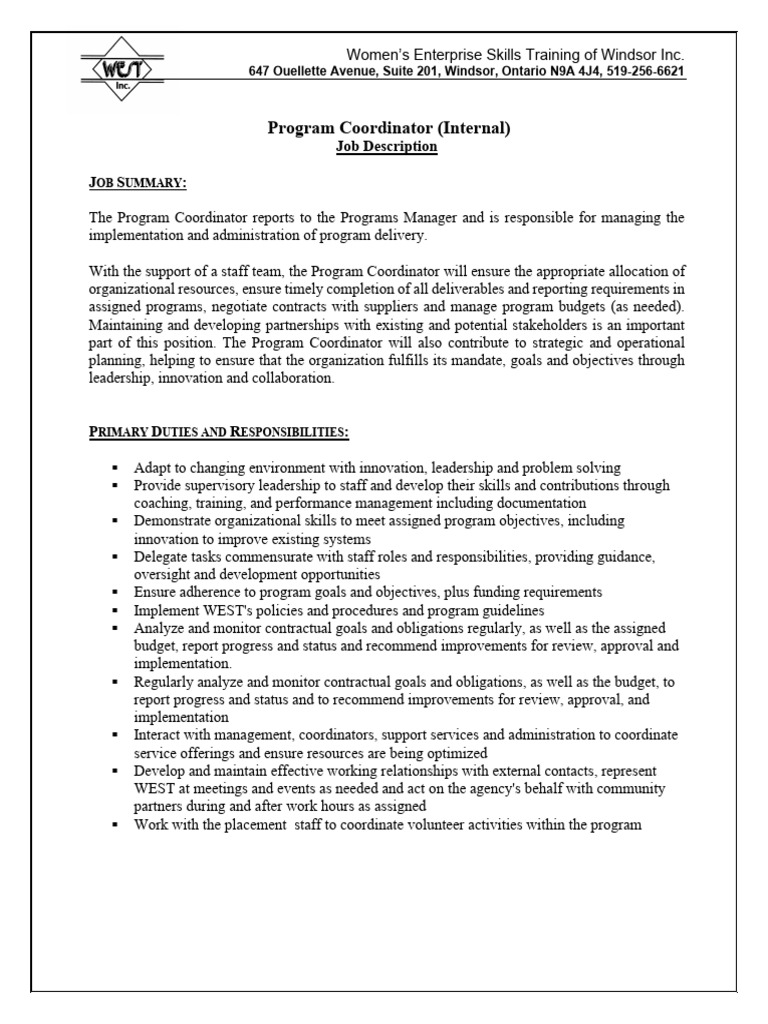 Program Coordinator Job Posting 2024 | PDF | Leadership | Business