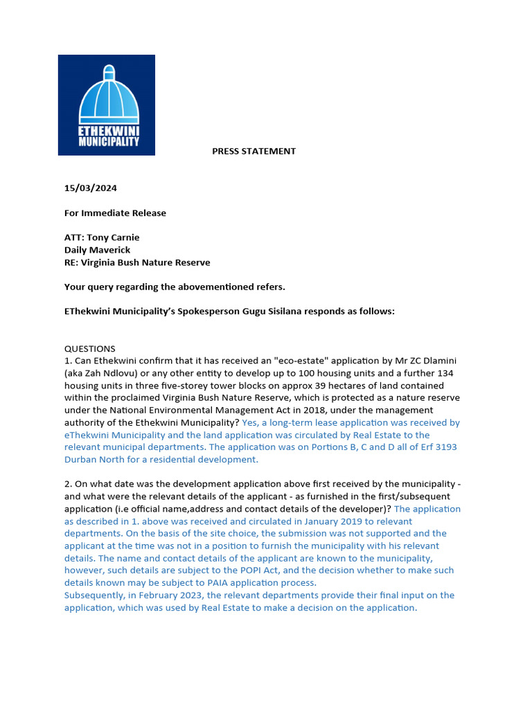 Ethekwini Press Statement - Virginia Bush Nature Reserve | PDF ...