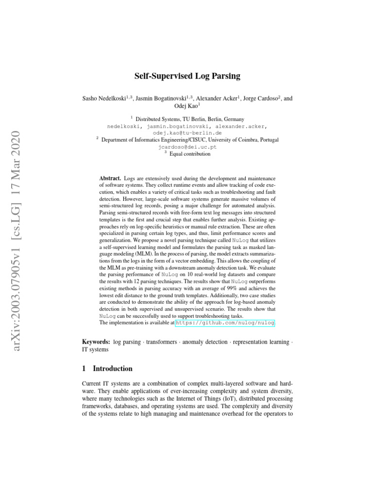 Nulog Self-Supervised Log Parsing | PDF | Parsing | Matrix (Mathematics) Nulog Self-Supervised Log Parsing | PDF | Parsing | Matrix (Mathematics)