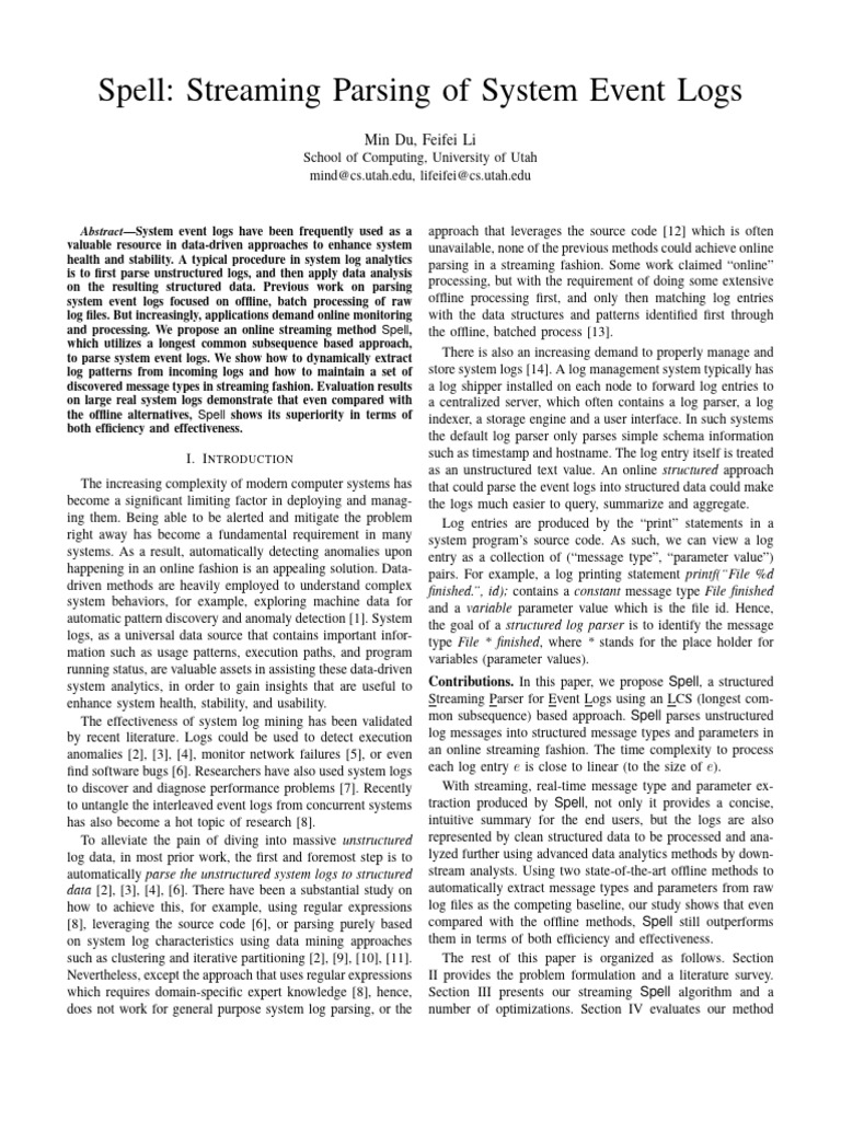 Spell Streaming Parsing of System Event Logs | PDF | Parsing | Cluster Analysis