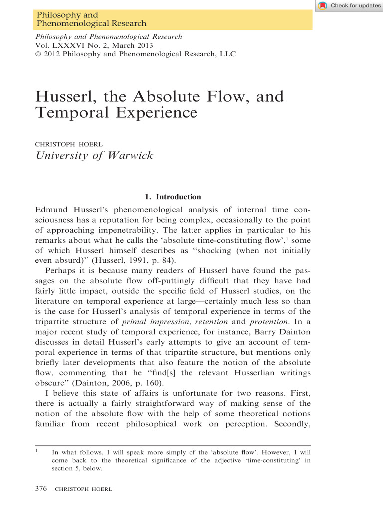 Hoerl - Husserl The Absolute Flow and Temporal Experience | PDF | Experience | Edmund Husserl