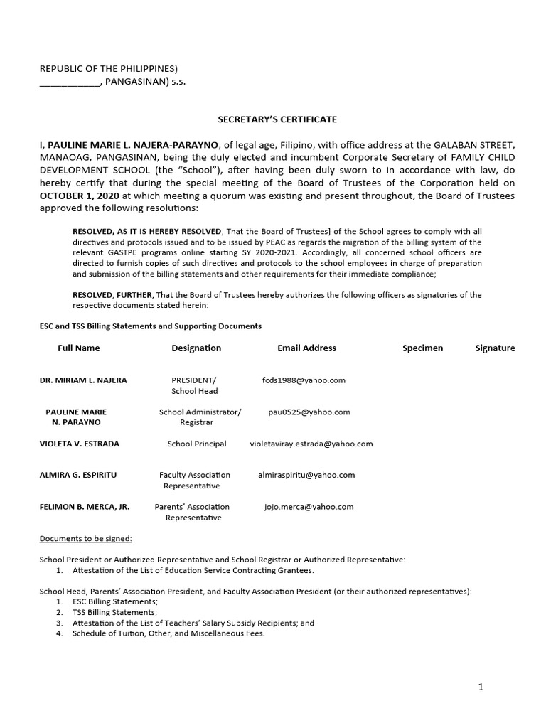 Secretarys Certificate On Assigning Signatories in The ESC and TSS ...