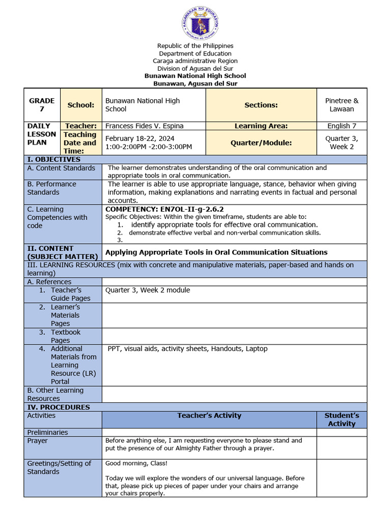 Quarter 3 - Week 2 Daily Lesson Plan in English | Download Free PDF | Communication | Gesture
