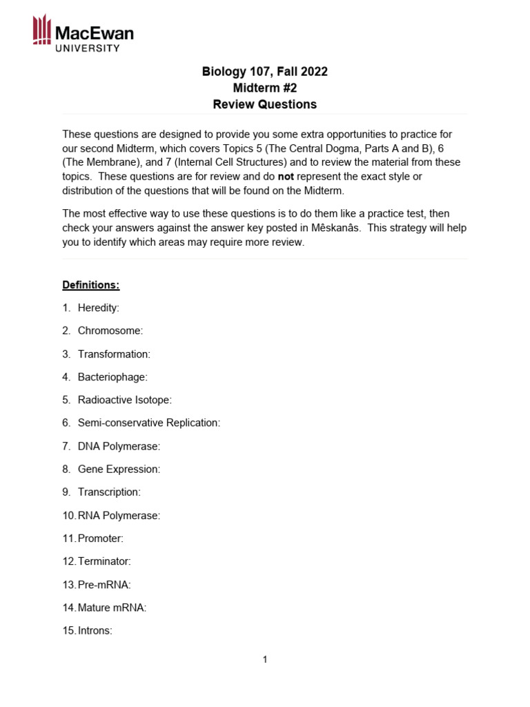 Midterm 2 Review Questions Pdf Messenger Rna Cell Biology