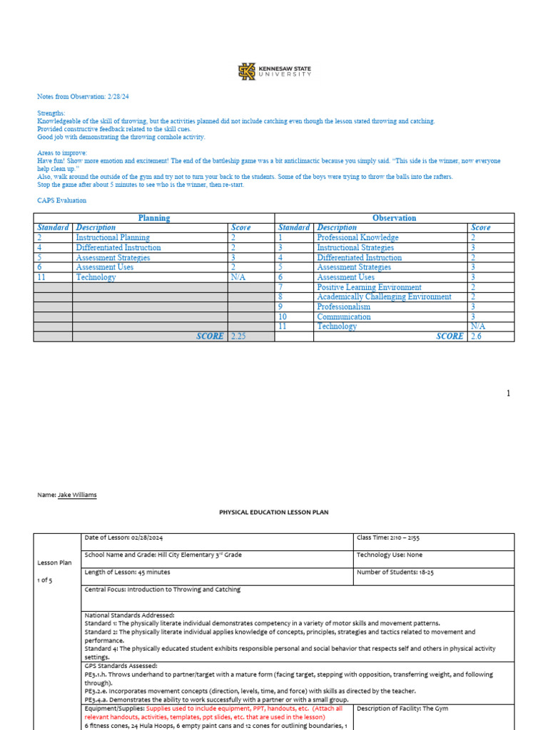 observation 2 underhand throwing lesson plan 2 | PDF | Differentiated ...