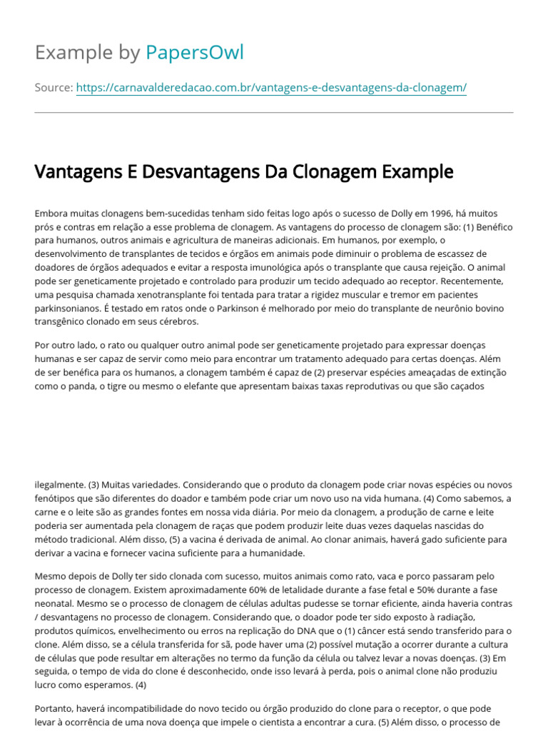 Vantagens e Desvantagens da Clonagem | PDF | Clonagem | Transplante de órgãos