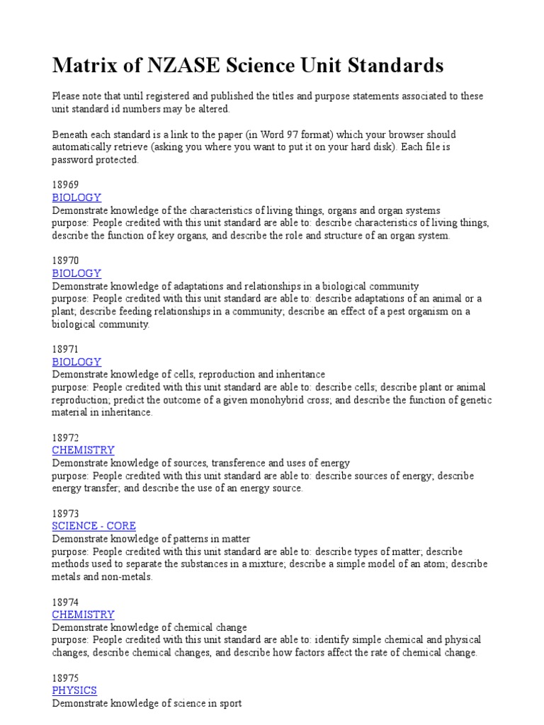 Matrix of NZASE Science Unit Standards | PDF | Science | Organ (Anatomy)