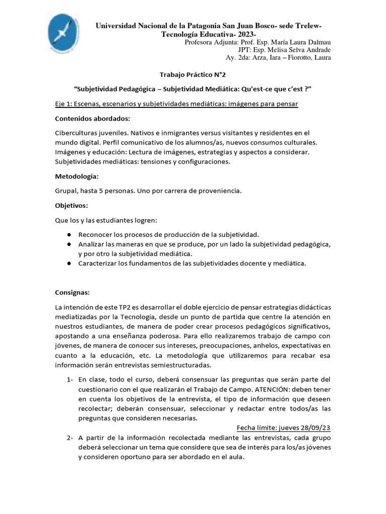 2023-Consignas TP2 | Descargar gratis PDF | Maestros | Tecnologia Educacional