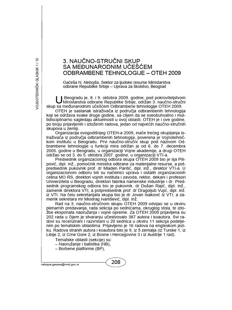 3 Nau No Stru Ni Skup Sa Me Unarodnim U e em Odbrambene Tehnologije Oteh 2009 | PDF