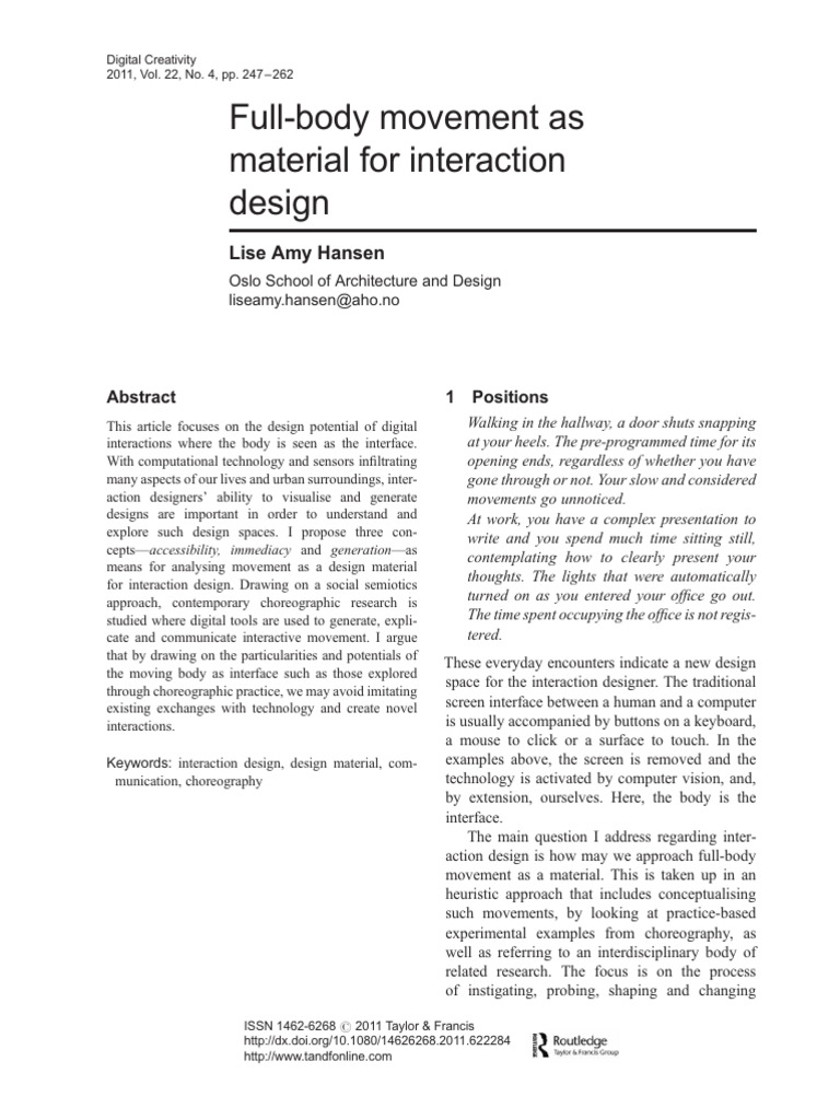 Hansen (2011) Full-Body Movement As Material For Interaction Design | PDF | Visualization ...